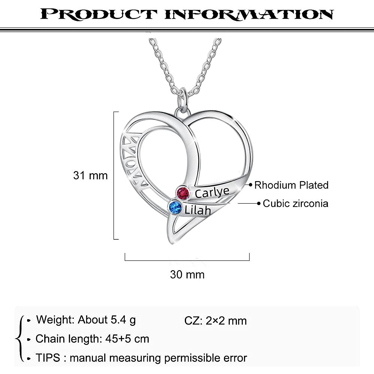 Bemobeauty Mothers Necklace, Birthstone Necklace for Mom Personalized 2 Birthstone & Name Necklaces for Women Heart Shape Pendent Necklace for Grandma Mom Customized Jewelry Gifts