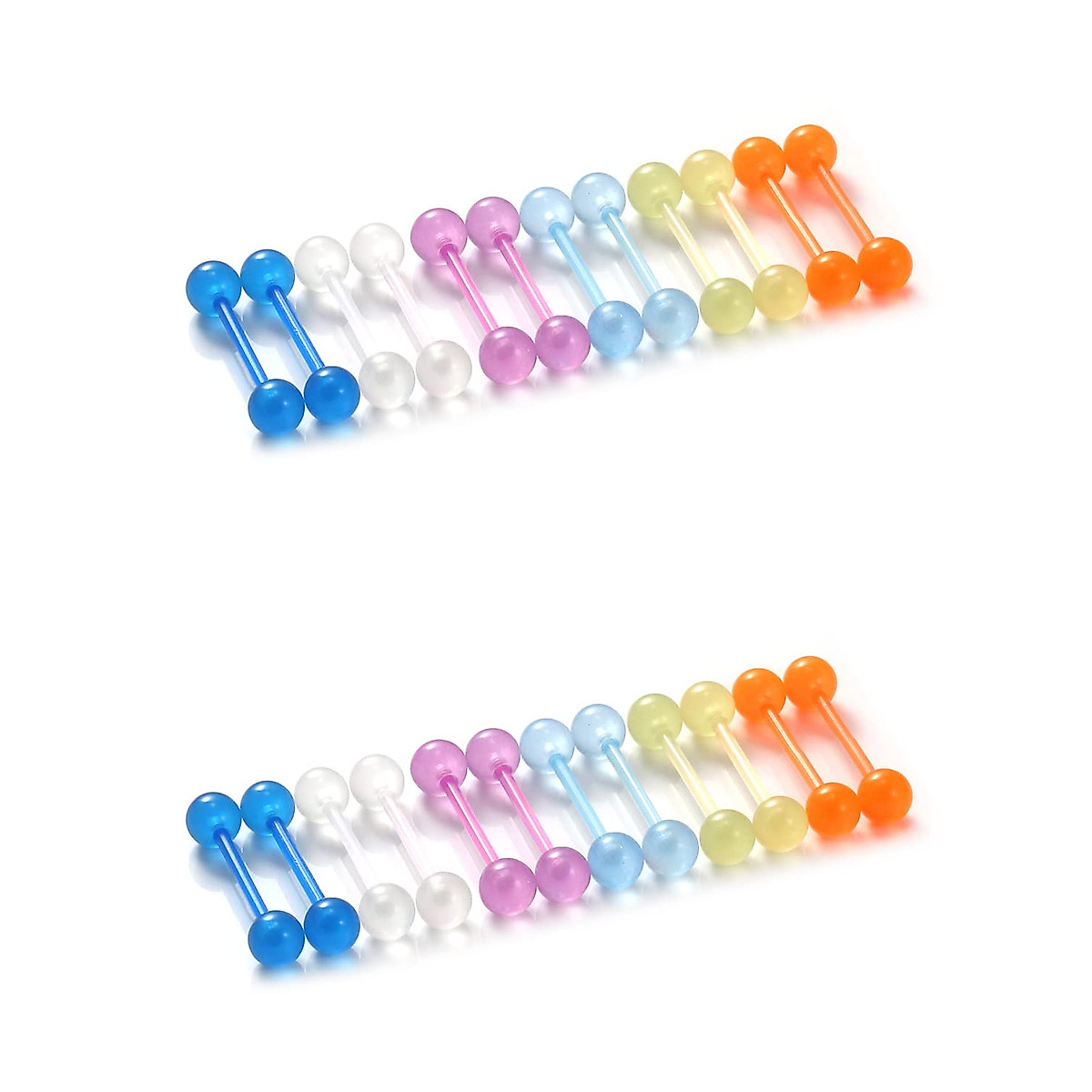 Oufksiyy 14G 16mm Glow in Dark Flexible Acrylic Straight Tongue Rings Plastic Nipple Ring Retainer Body Piercing Jewelry for Women Men 24PCS(12Pairs 14 gauge Piercings