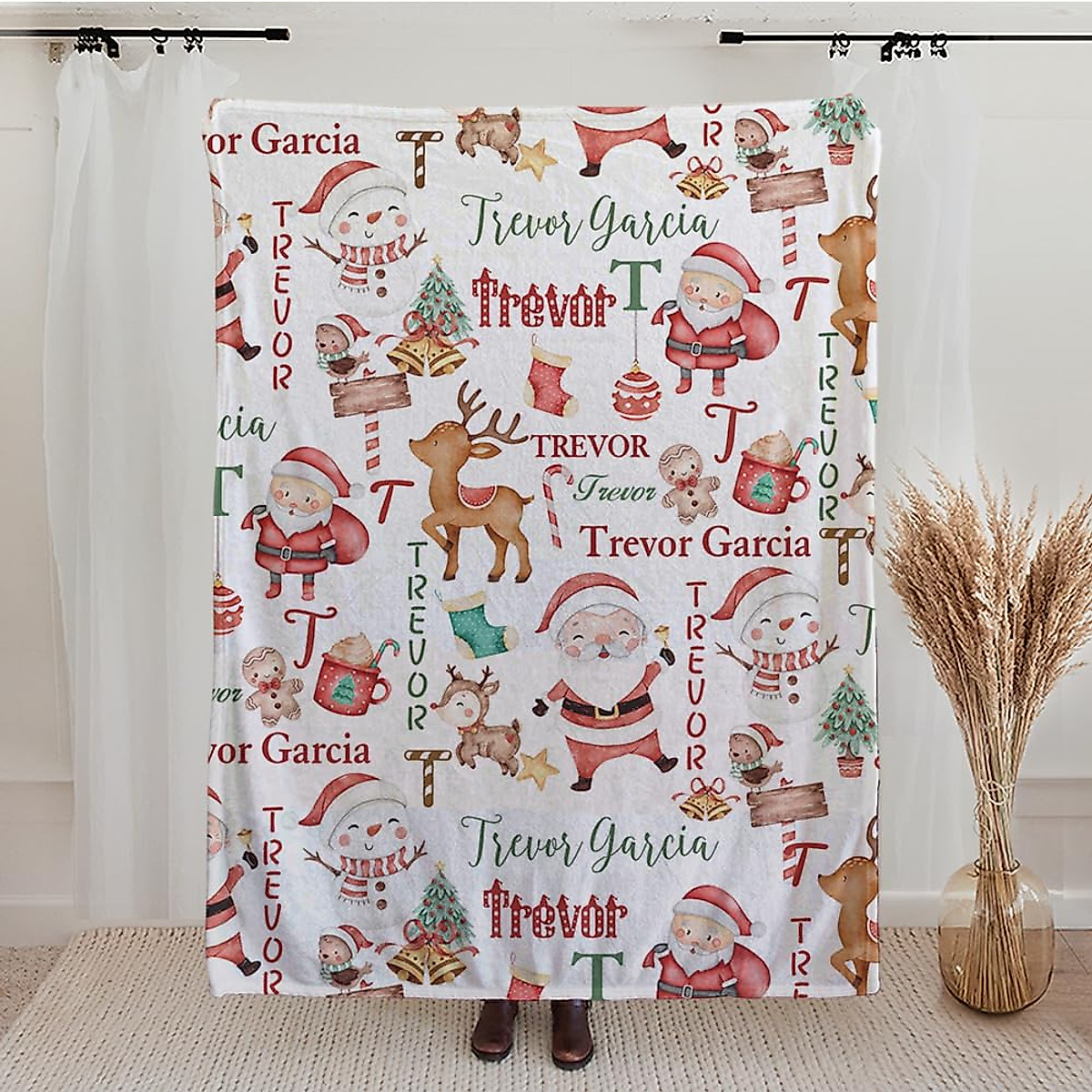 Custom Christmas Santa Blanket for Kids Boys Girls, Personalized Soft Cozy Flannel/Sherpa Xmas Throw Blanket with Name, Gifts for Christmas Holiday