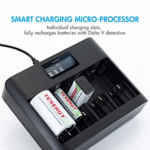 Tenergy TN486U 5-Bay Universal Battery Charger with LCD, Micro USB/Type C Input, for AA, AAA, C, D, and 9V Rechargeable Batteries