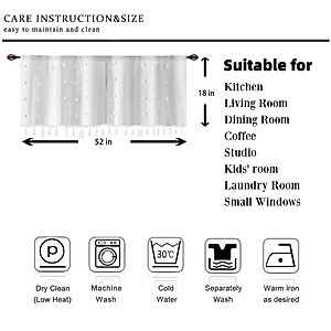 Visioun Boho White Curtain Topper Tassels Valance Window Cafe Treatment Tufted Pleat Floral Puffs Textured Simple Rod Pocket Kitchen Window Drapes for Bathroom Bedroom Living Room 1 Panel (52x18 Inch)