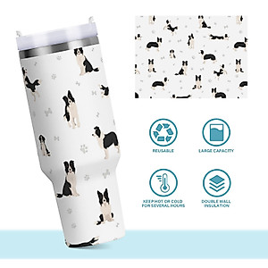 MCHIVER Border Collie 40 oz Tumbler with Handle and Straw Stainless Steel Vacuum Water Bottle Leak-proof Travel Coffee Mug Insulated Water Bottle for Home Car Office