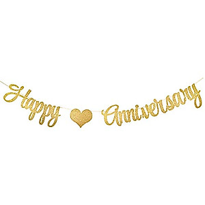 PALASASA Gold Glittery Happy Anniversary Banner for Wedding Anniversary Party Decorations