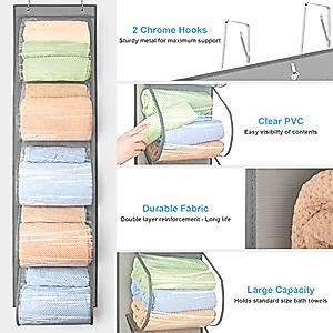 Towel Storage with 5 Pockets, Bath Towel Organizer for Rolled Towels Large Capacity Over The Door Towel Rack Bathroom Towel Holder Space Saving for Large Towels/Bathrobe/Thin Blanket, RV-Grey