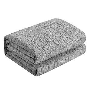 New York & Company Babe 3 Piece Cotton Quilt Set Geometric Floral Pattern Bedding - Pillow Shams Included, Queen, Grey