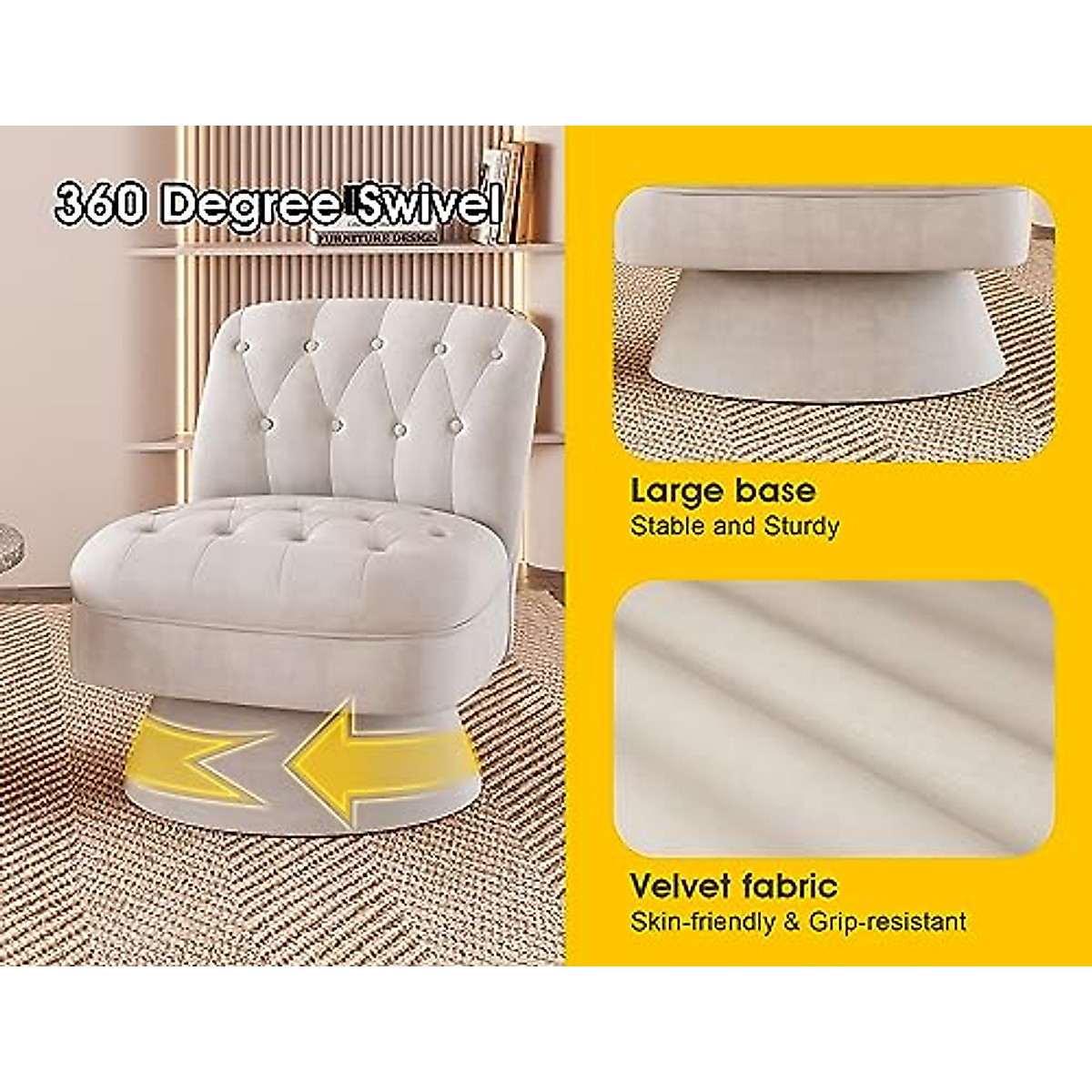 Dewhut Modern 360 Degree Swivel Velvet Barrel Accent Chair, Comfy Side Corner Sofa Chair for Small Space, Button Tufted Upholstered Armless Chair for Living Room, Bedroom, Office, Vanity(Beige)