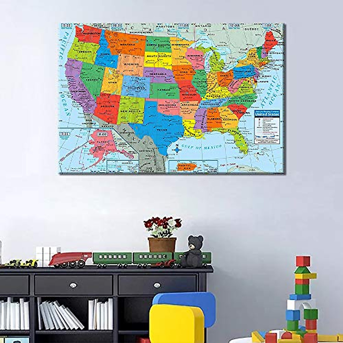 General America Map Wall Art Painting Detailed USA Map Pictures Print On Canvas Art The Picture for Home Modern Decoration Single Panel Modern Wall Decor Stretched and Framed Ready to Hang(12"Wx18"H)