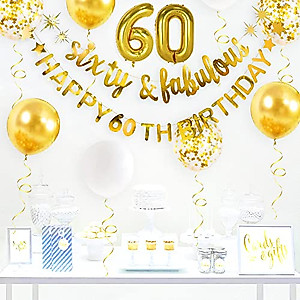 Gold Sixty & Fabulous Happy 60th Birthday Banner Garland Foil Balloon 60 for Womens 60th Birthday Decorations Hanging 60 and Fabulous Cheers to 60 Years Old Birthday Party Supplies Backdrop