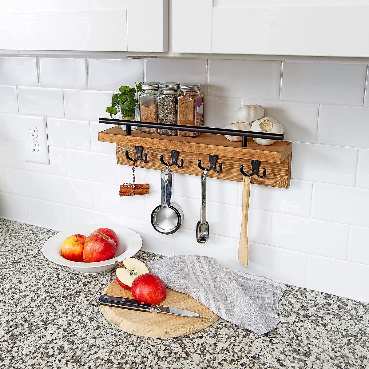 Ripple Creek Mail and Key Holder for Wall, Decorative Wooden Wall Shelf with Hooks, Wall Mounted Coat Rack with Shelf, Keys Organizer, Entryway Hooks with Home Bathroom Kitchen (Light Brown, Large)