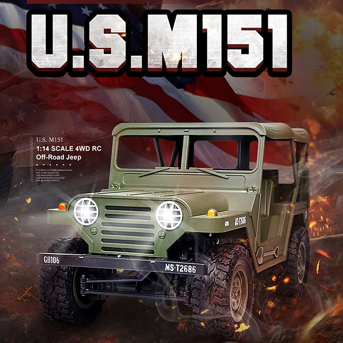 QIYHBVR 1/14, 4x4 Hobby Grade RTR RC Car Mini RC Rock Crawler Military, 2.4Ghz RC Truck with Removable Tools, LED Lights, Battery and USB Charger for Adults