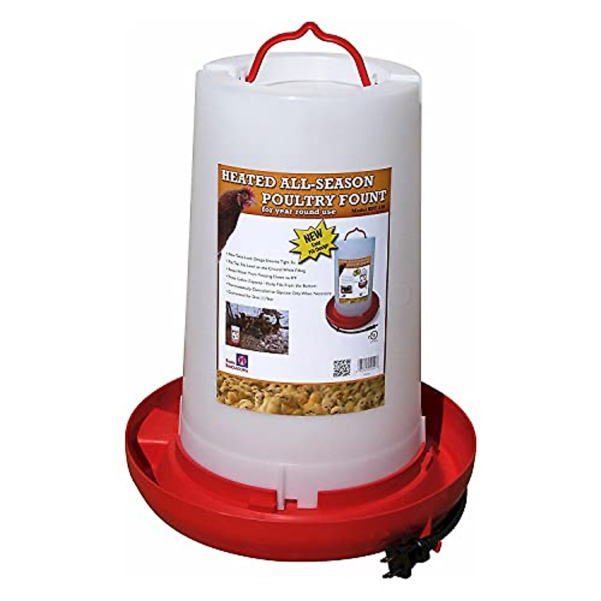 Farm Innovators Model HPF-100 "All-Seasons" Heated Plastic Poultry Fountain For Chicken, 3 Gallon, Red/White, 100-Watt