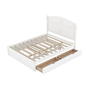 GJHOME Queen Bed with Twin Size Trundle and 2 Drawers, Wood Queen Size Platform Bed Frame with Headboard, Trundle Bed with Storage for Girls Boys Teens Adults, White