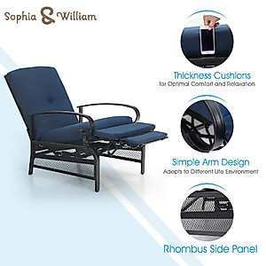 Sophia & William Outdoor Recliner Chairs Set of 2 Adjustable Patio Reclining Lounge Chair with Removable Cushion Support 300lbs, Navy