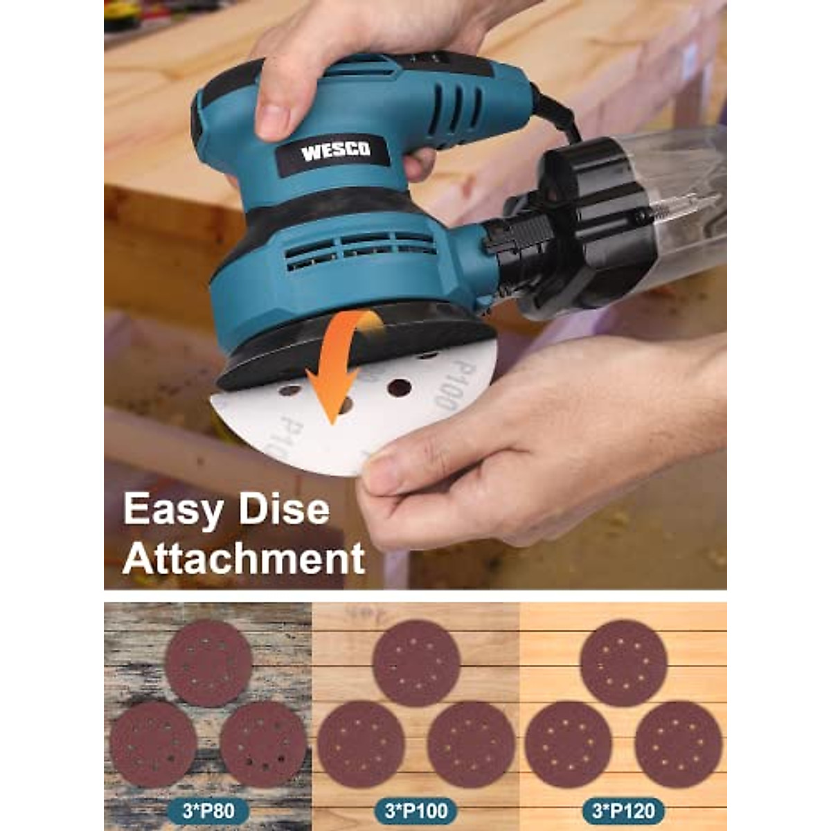 5" 3.0 Amp Corded Electric Random Orbital Sander, Cyclonic Dust Box, Soft Grip, Variable Speed 5000~12000 OPM, 12Pcs Sandpapers