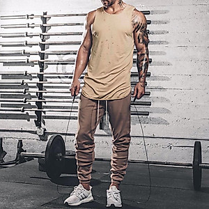 Magiftbox Mens Extended Scoop Workout Stringer Tank Tops Gym Shirts for Men Black/Khaki T05_Khaki_US-M