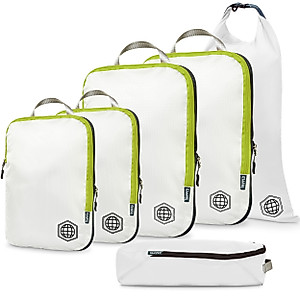 Compression Packing Cubes for Travel - Luggage and Backpack Organizer Packaging Cubes for Clothes (White and Green, 6 Piece Set)