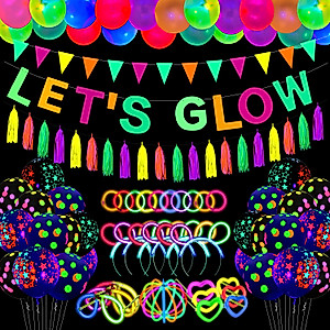 209 Pack Glow Party Supplies Glow Sticks Party Pack Glow Themed Party Hanging Decorations Birthday Party Decoration Tablecloth, Balloons, Sticks, Tassels, Glasses, Headband for Neon Party Decorations