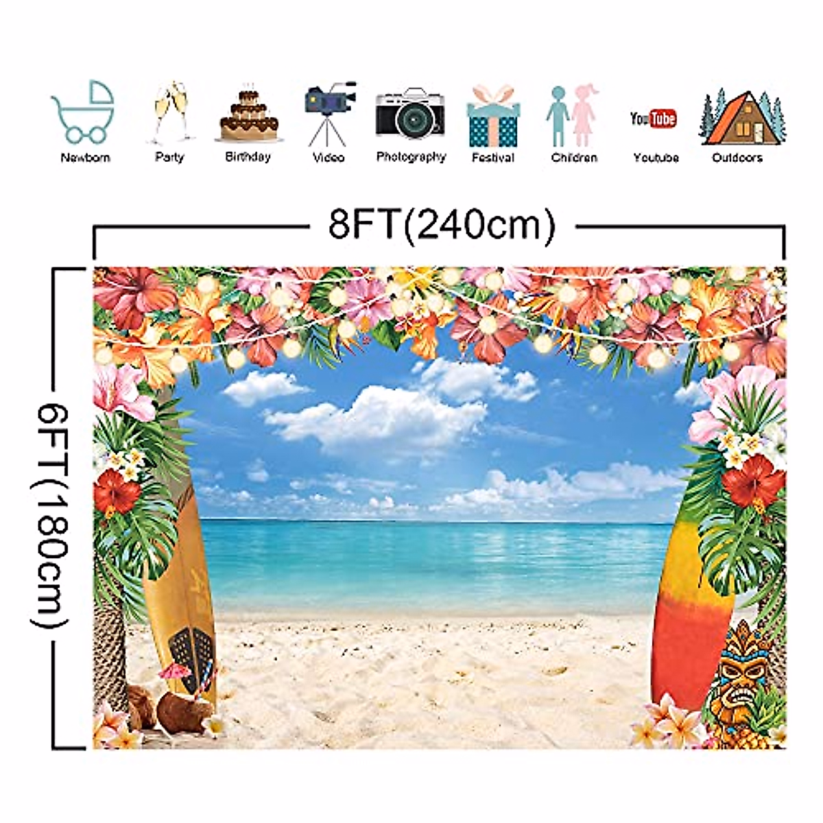 LIVUCEE 8x6ft Fabric Summer Hawaiian Beach Backdrop for Photography Tropical Flower Luau Aloha Backdrop Blue Sky Ocean Palm Leaves Background Birthday Hawaiian Party Decorations Suppiles Photoshoot