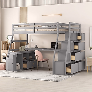 Merax Loft Bed Twin Size, Wooden Frame with Desk and Storage, Space-Saving Design with Convenient Multi-Drawers & Cabinet, for Teens Adults (Grey)