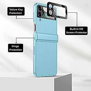 for Samsung Z Flip 4 Leather Case: Spring Hinge Protection & Camera Lens Protector Metal Volume Key Protective Slim Thin Shockproof Phone Case for Galaxy Z-Flip4 5G (Blue)
