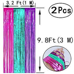 Teal Purple Pink Tinsel Foil Fringe Curtains - Under The Sea Birthday Baby Shower Photo Backdrops Wedding Summer Beach Pool Ocean Party Decor Photo Booth Backdrops Decorations, 3.2 ft x 9.8 ft, 2PC