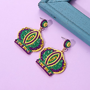 Beaded Mardi Gras Earrings for Women Purple Green Gold Earrings Temps Bons Fleur De Lis Carnival Earrings Jewelry Gifts (Hat)