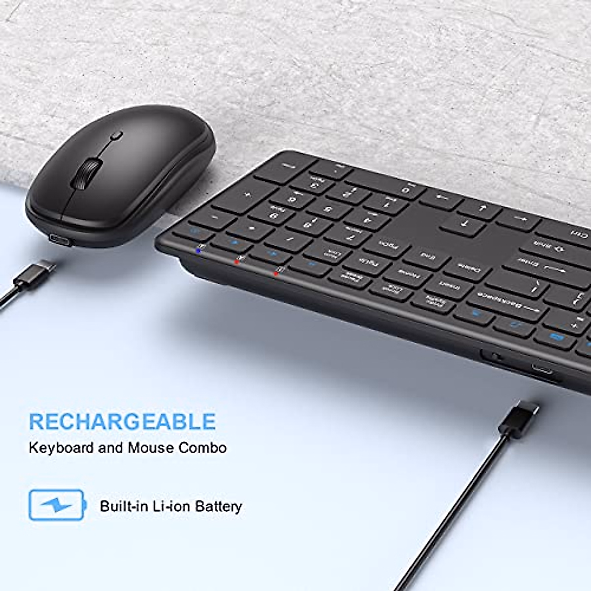 Rechargeable Wireless Wisfox Ultra Slim Computer Keyboard Mouse Combo Full Size Silent Keyboard