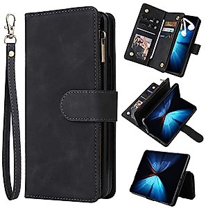 ZZXX Samsung Galaxy Z Fold 4 Case Wallet with [RFID Blocking] Card Slot Soft PU Leather Zipper Flip Folio with Wrist Strap Protective Cover for Galaxy Z Fold 4 Wallet Case(Black-7.6 inch)