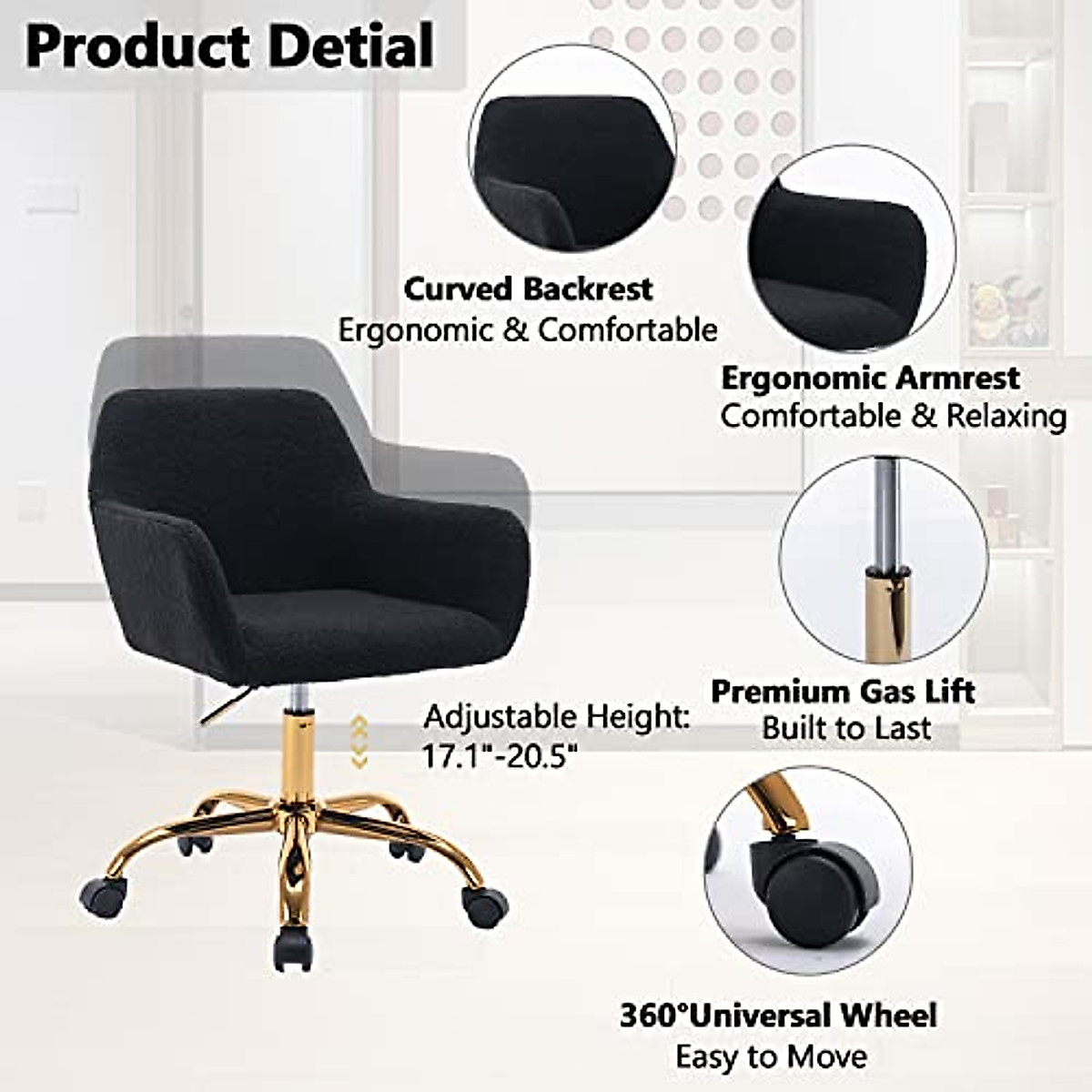 HomVent Furry Cute Office Chair, Teddy Swivel Desk Chair, Faux Fur Makeup Vanity Chair with Back, Black and Gold Desk Chair with Wheels, Upholstered Rolling Chair for Vanity Makeup Room Girls Women