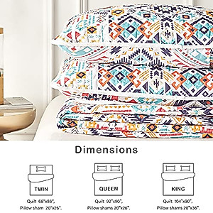 FlySheep 3-Piece Lightweight Bohemian Geometric Full Queen Quilt Set, Colorful Chic Aztec Pattern Summer Bedspread/Coverlet, Brushed Microfiber for All Season - 92" x 90"
