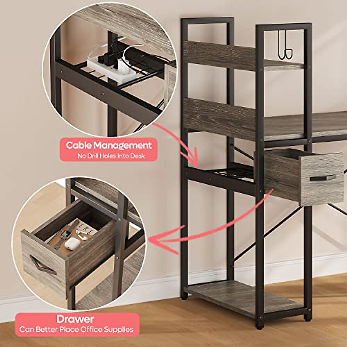 Bestier Home Office Desk with Drawer and Cable Management Rack, 47 Inch Computer Desk with Shelves, Writing Desk with Reversible Storage Bookshelf (Retro Grey Oak Dark)