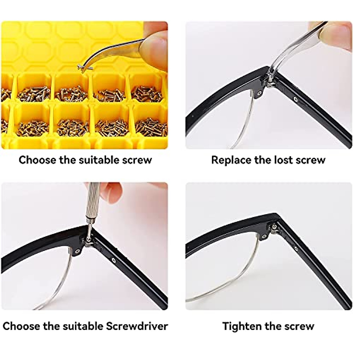 Magnetic Eyeglass Repair Kit, Glasses Repair Kit with Eyeglass Screws Include Nose Pads, Precision Screwdriver Tool Set and Tweezers for Eyeglasses, Sunglasses, Watch Clock Spectacle Repair