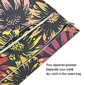 SDMKA 2Pcs Wet Dry Bag for Baby Cloth Diapers Daisy and Sunflower Reusable Waterproof Wet Bag with Two Zippered Pockets for Travel Beach Pool