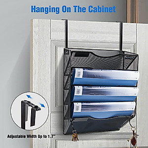 BOHDK Wall File Organizer, 5 Tire Hanging File Folder Organizer, Vertical Mesh Metal Door/Wall Mount Hanging File Holder, Paper Document Magazine Rack with Hooks for Home Office Black