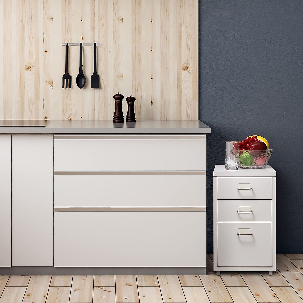 HollyHOME 3-Drawer Mobile Classification Storage Cabinet, Under Desk for A4 Mini File Cabinet, Mobile file Cabinet with Wheels for Home and Office, White