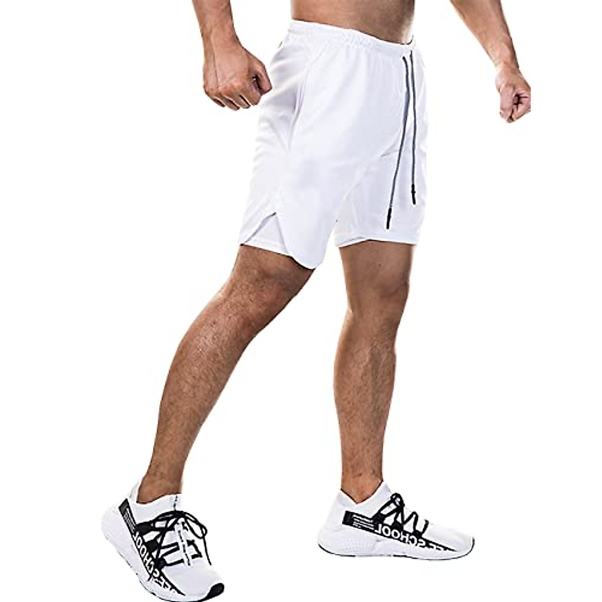 Ouber Men's 2-in-1 Running Shorts 7" Workout Training Jersey Short (White,XL)