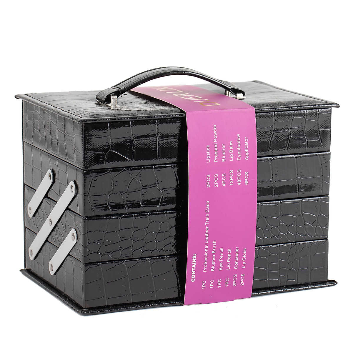 Maùve Professional Leather Train Case with Mirror Makeup Kit (Eyeshadow, Blushes, Powder, Lipstick & More) Holiday Exclusive MU12 (BLACK)