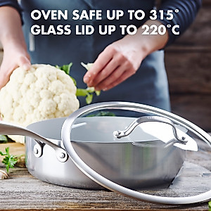 GreenPan Venice Pro Tri-Ply Stainless Steel Healthy Ceramic Nonstick 5QT Saute Pan Jumbo Cooker with Helper Handle and Lid, PFAS-Free, Multi Clad, Induction, Dishwasher Safe, Oven Safe, Silver