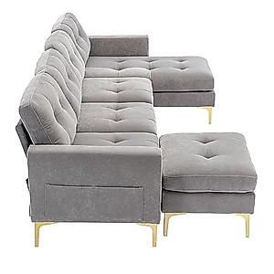 UBGO Living Room Furniture Sets,110" Large Sofa,U-Shape Sectional Chaise Lounge and Convertible Ottoman,Velvet Couches for Apartment,Office (Light Grey)
