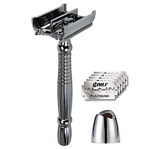 BAILI Butterfly Open TTO Double Edge Safety Razor Long Handle Wet Shaving for Men Women with 5 Platinum Blades and Stand Agate Black BD278L