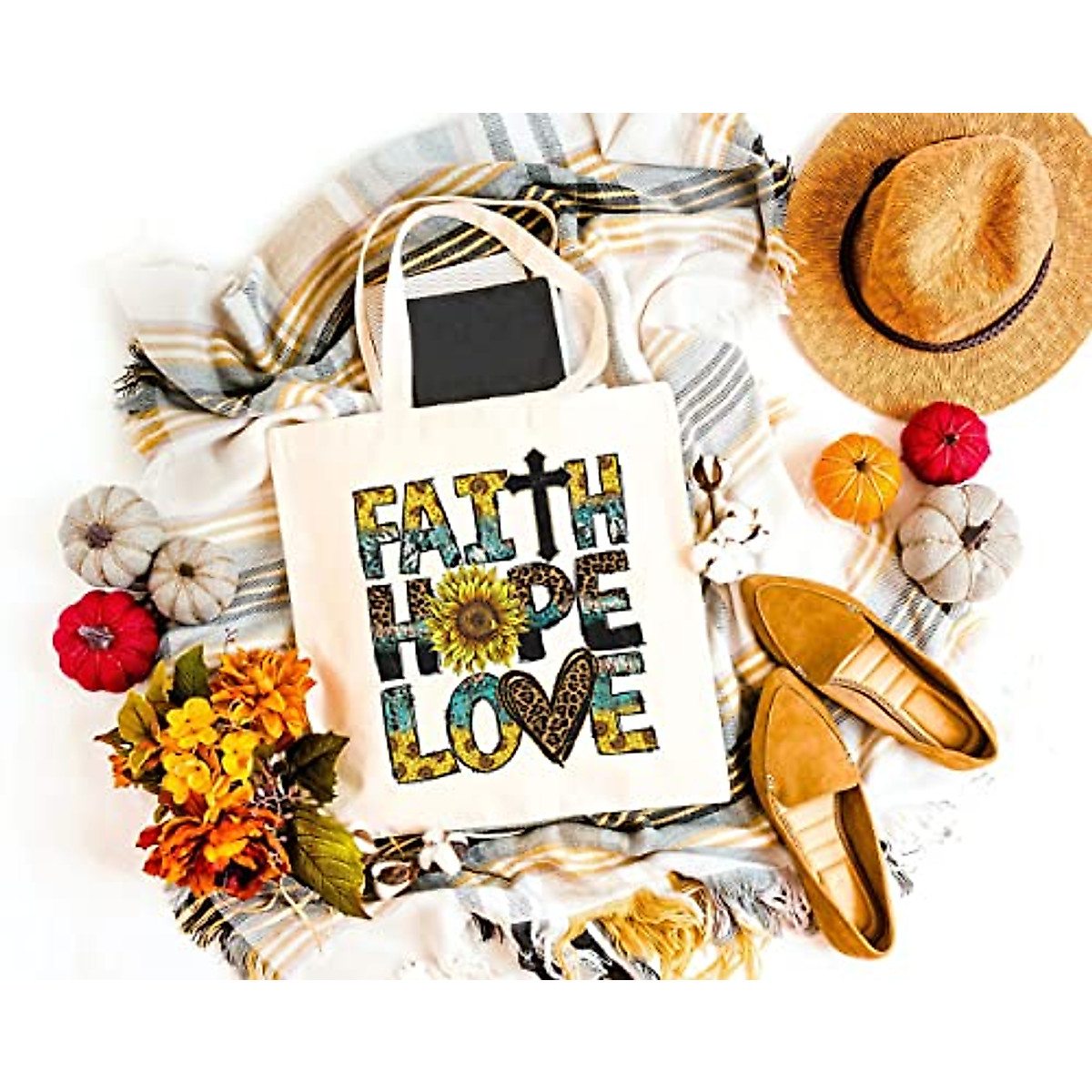 GXVUIS Faith Hope Love Canvas Tote Bag for Women Sunflowers Leopard Print Reusable Grocery Shopping Bags Christian Gifts White