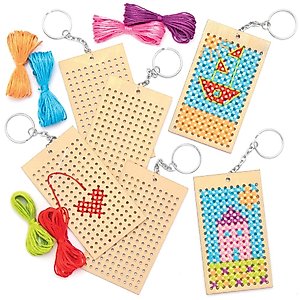 Baker Ross AT805 Wooden Keyring Cross Stitch Kits - Pack of 5, Arts and Crafts for Kids