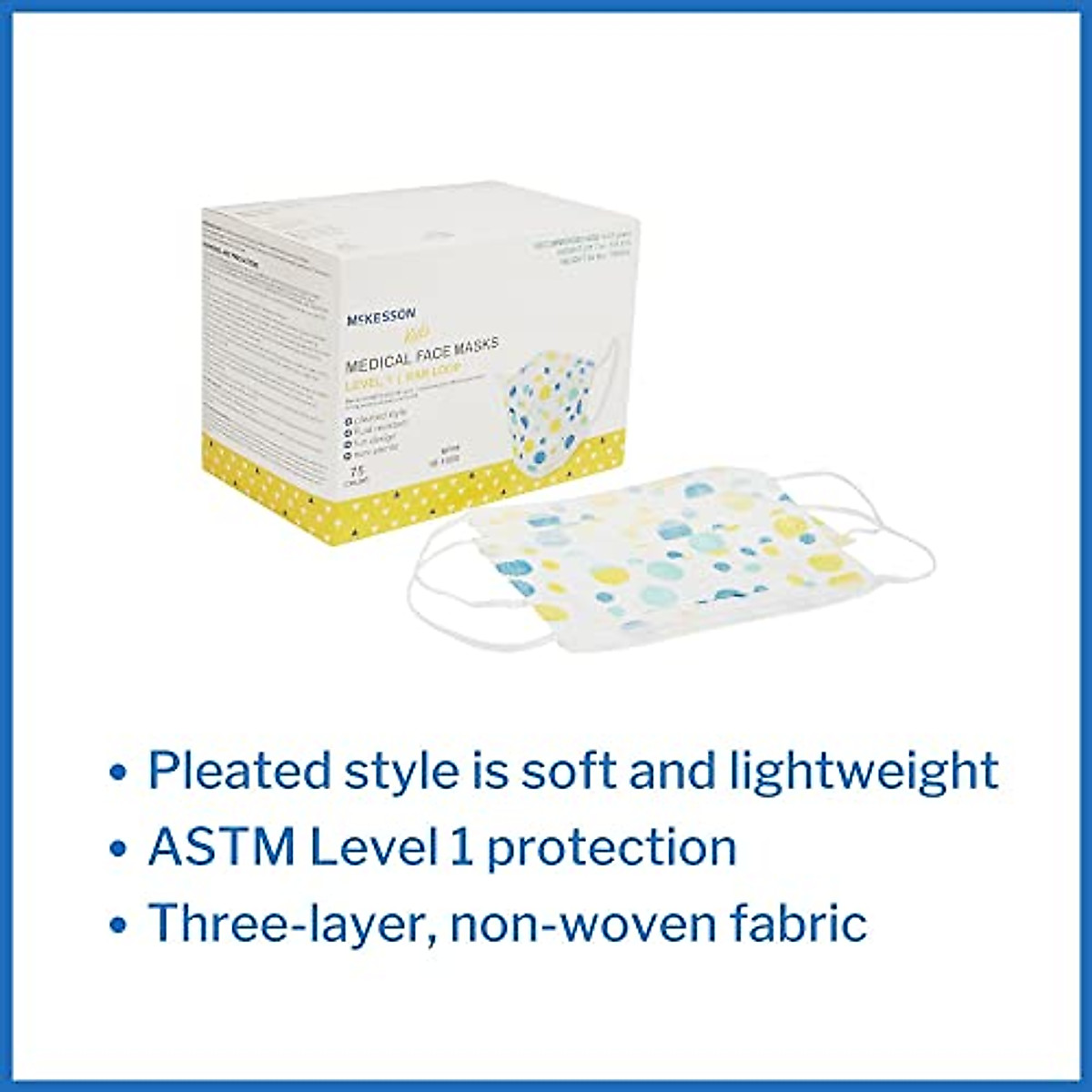 McKesson Kids' Medical Face Masks, Level 1 - Pleated with Ear Loops, Non-Sterile, Blue and Yellow Polka Dots - Fits Kids 4 to 12 Years Old, 5.5 in x 3.35 in, 75 Count, 1 Pack