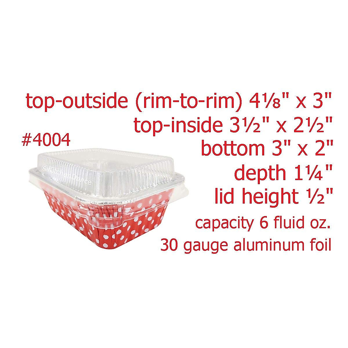 KitchenDance Disposable Aluminum Mini Loaf Pans with LIds - 6 Ounces Rectangular Individual Sized Loaf Pans, Oven Safe Aluminum Foil Baking Pans perfect for Cakes, Cobblers- #4004 (Red Polka Dot, 50)