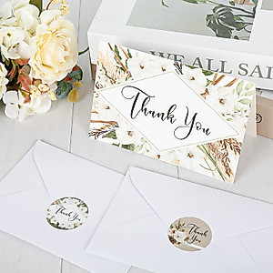 AnyDesign Boho Floral Thank You Cards Bulk 30 Pack Fall Rustic Greeting Cards with Stickers Envelopes Watercolor Flower Blank Appreciation Note Cards for Birthday Wedding Thanksgiving Baby Shower