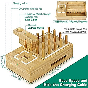 Bamboo Charging Station for Multiple Devices - Darfoo Docking Station Organizer, 1 Qi-Certified Fast Wireless Charger, and 7 USB Charging Ports Compatible with Cellphone, Smart Watch, Earbuds, Tablet