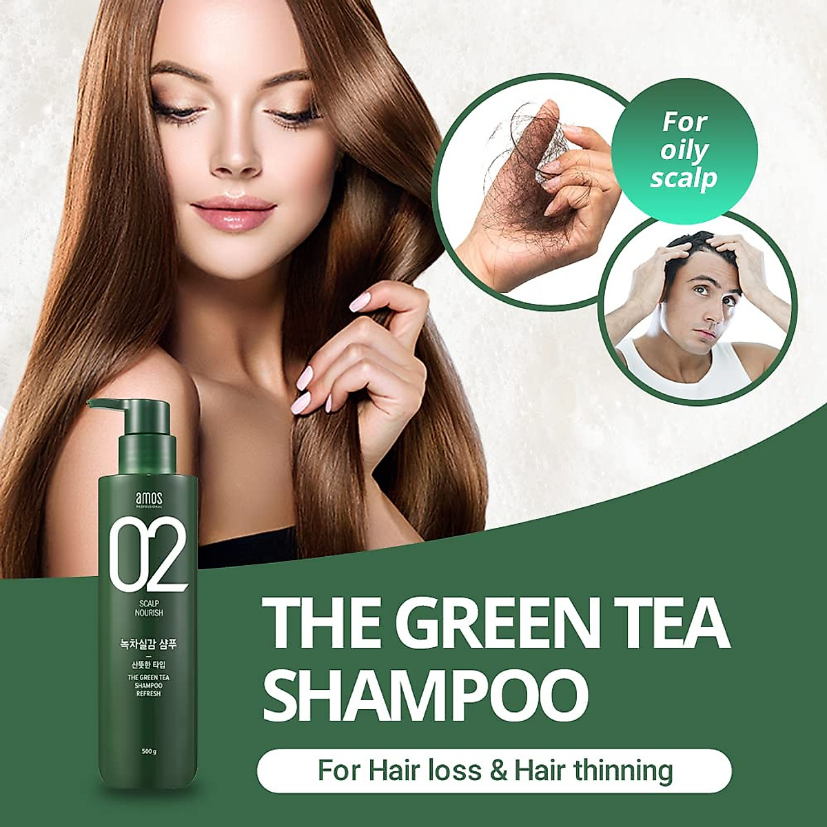 AMOS PROFESSIONAL The Green Tea Shampoo Refresh [For Oily Scalp] 17.6oz (500g) | Anti-Hair Loss Korean Hair Growth Shampoo for Cleanse Excess Sebum