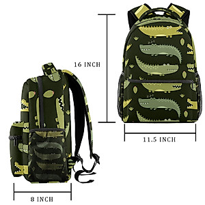 Kids School Backpacks Cute Green Gator Crocodile Pattern 16 IN Student Bookbag Small Daypack for Preschool,Kindergarten,Elementary School
