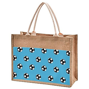 Jute Burlap Tote Soccer Football Sports Blue Black Large Beach Bag Reusable Grocery Shopping Storage Bag