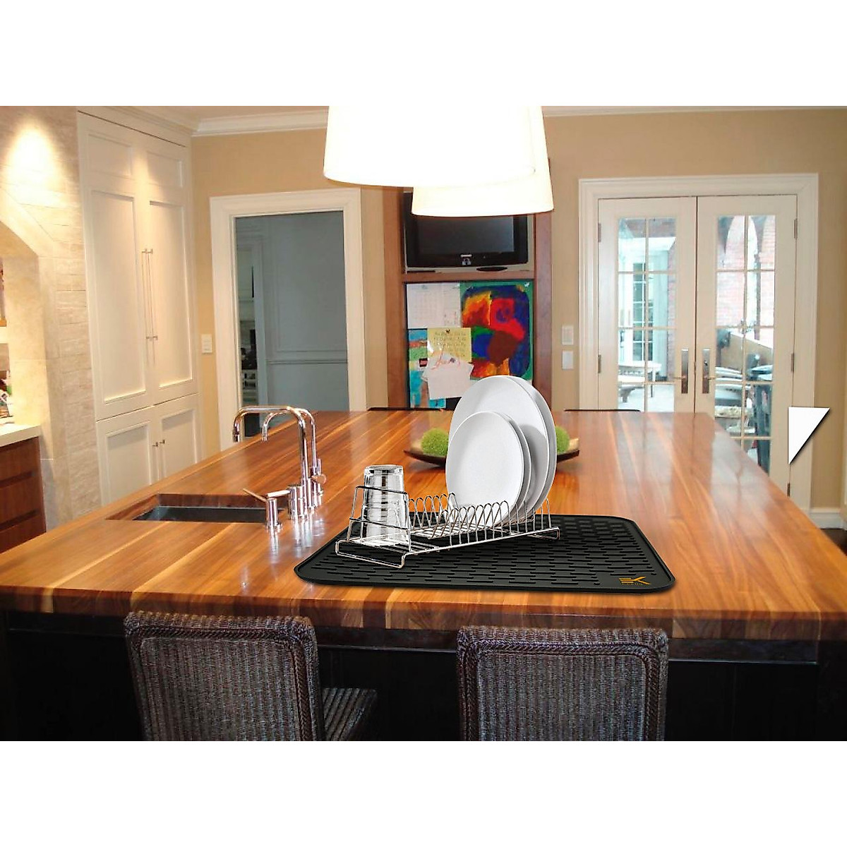 Eekay Wares XL Black Silicone Drying Mat with Bonus silicone spoon rest & storage band for easy storage- Easy Clean, Heat Resistant, size-17.8 X 15.8